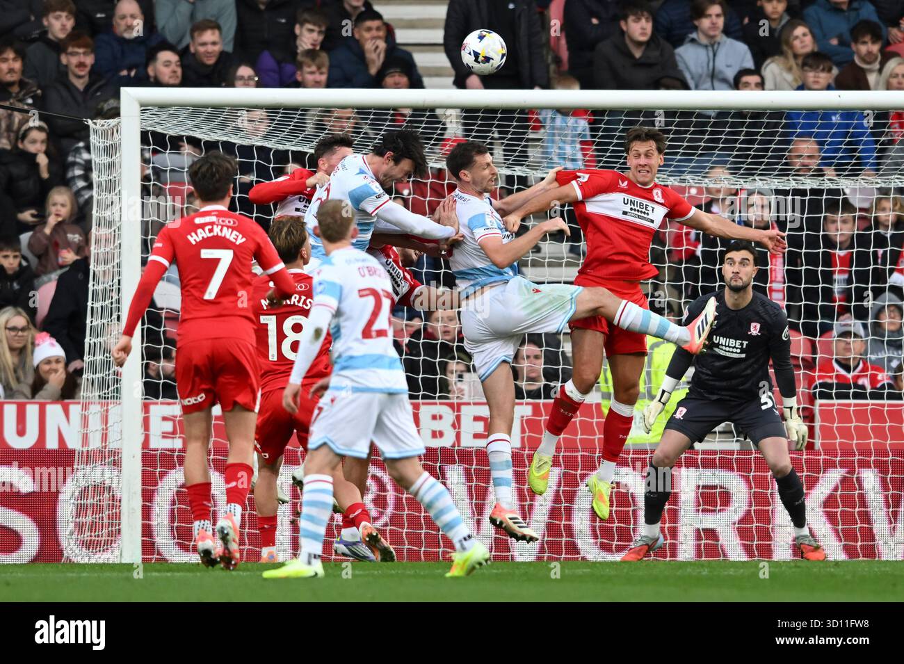 Callum Brittain of Middlesbrough heads clear from a corner during the ...
