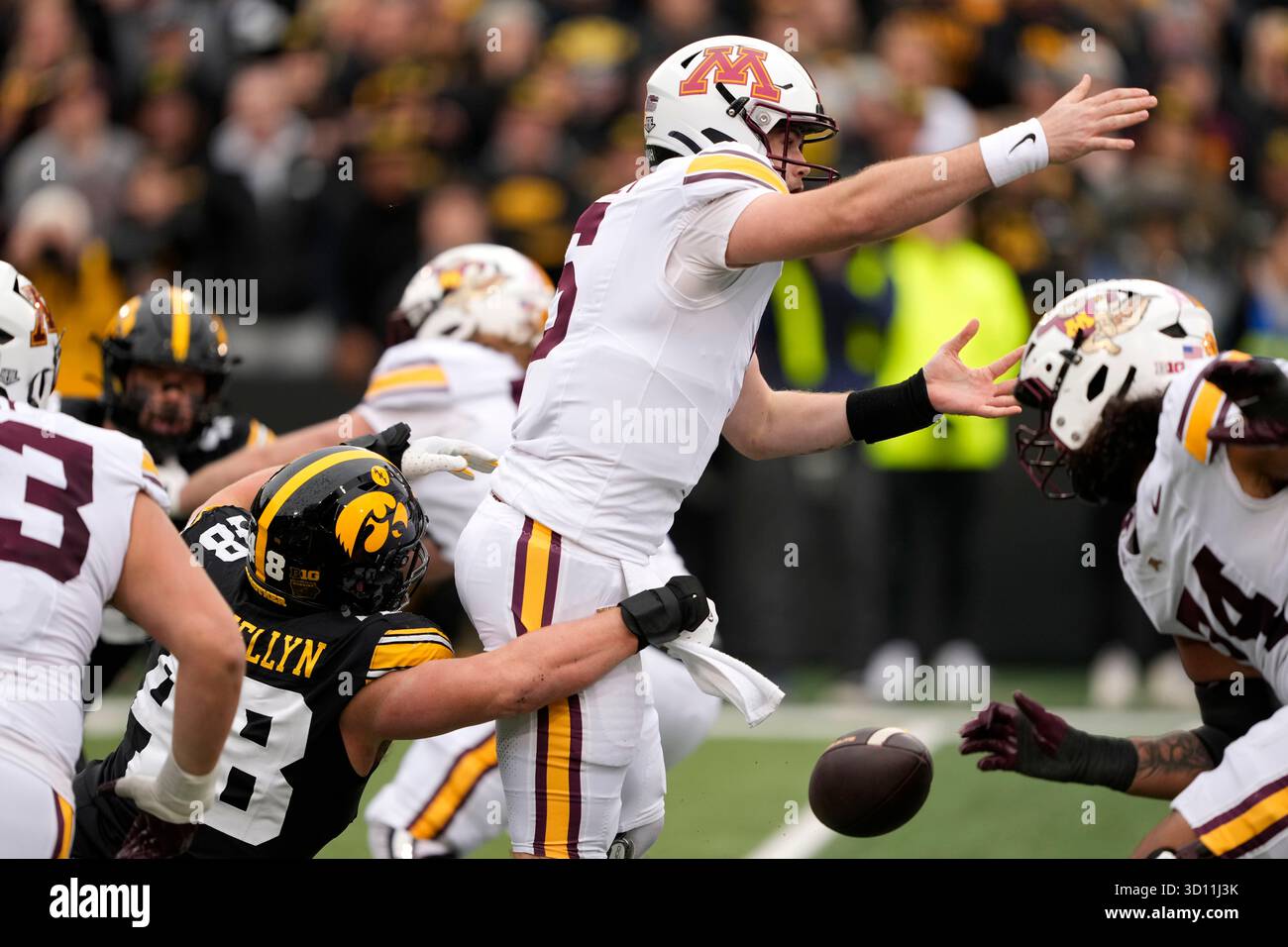 Minnesota quarterback Drake Lindsey (5) fumbles as he is hit by Iowa ...
