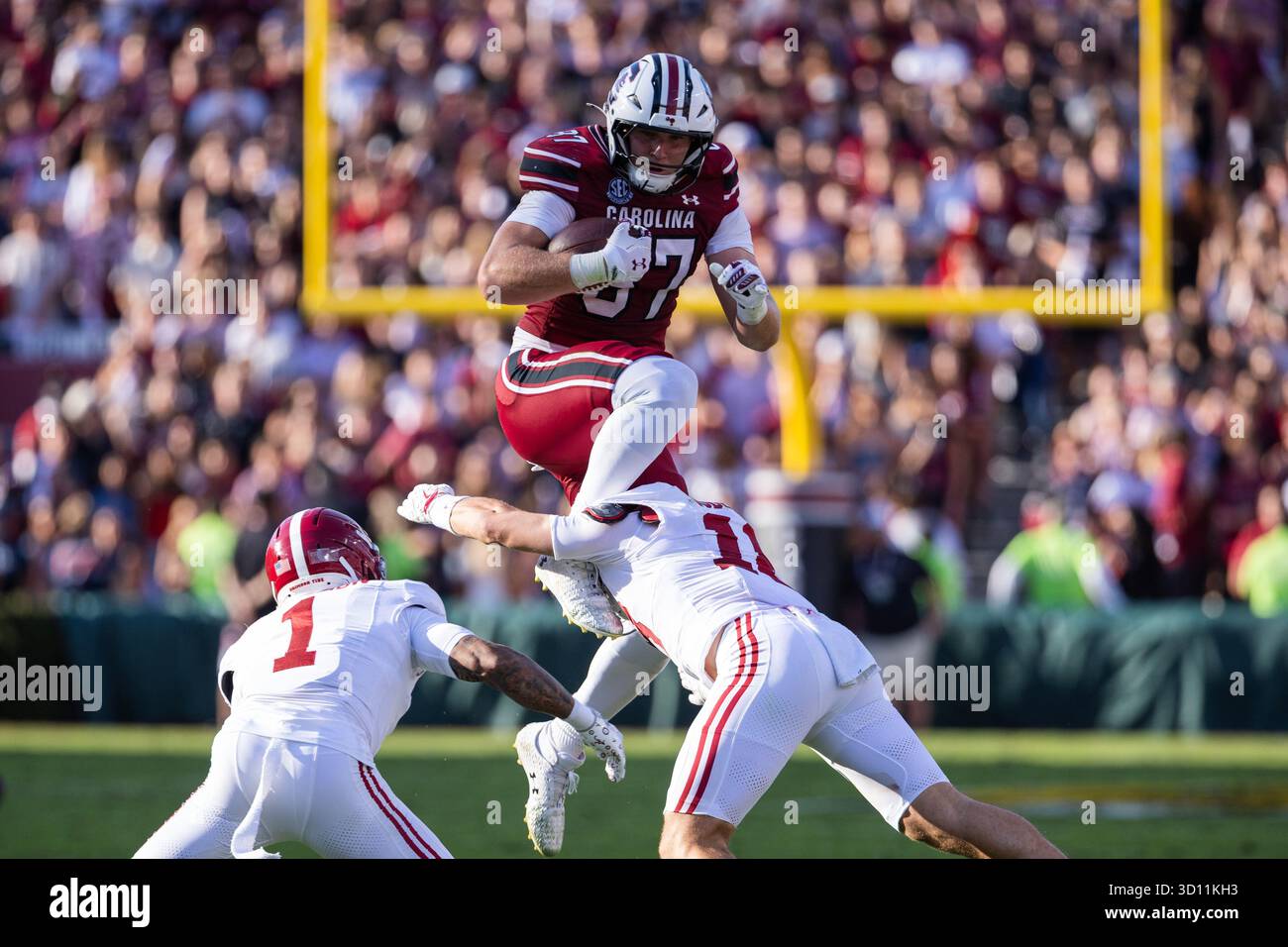 South Carolina tight end Brady Hunt (87) tries to leap over Alabama ...