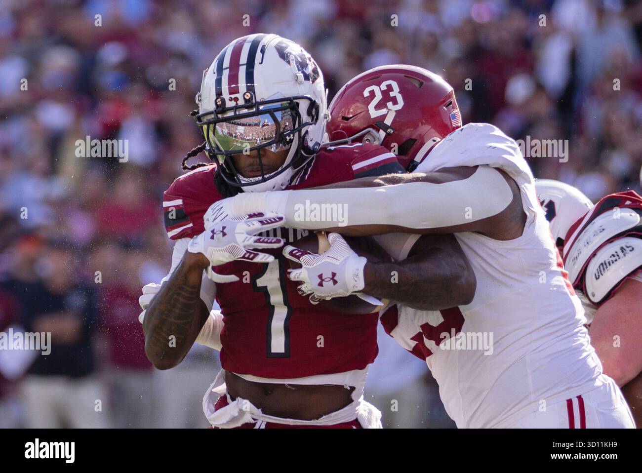 South Carolina running back Rahsul Faison (1) gets tackled in the ...