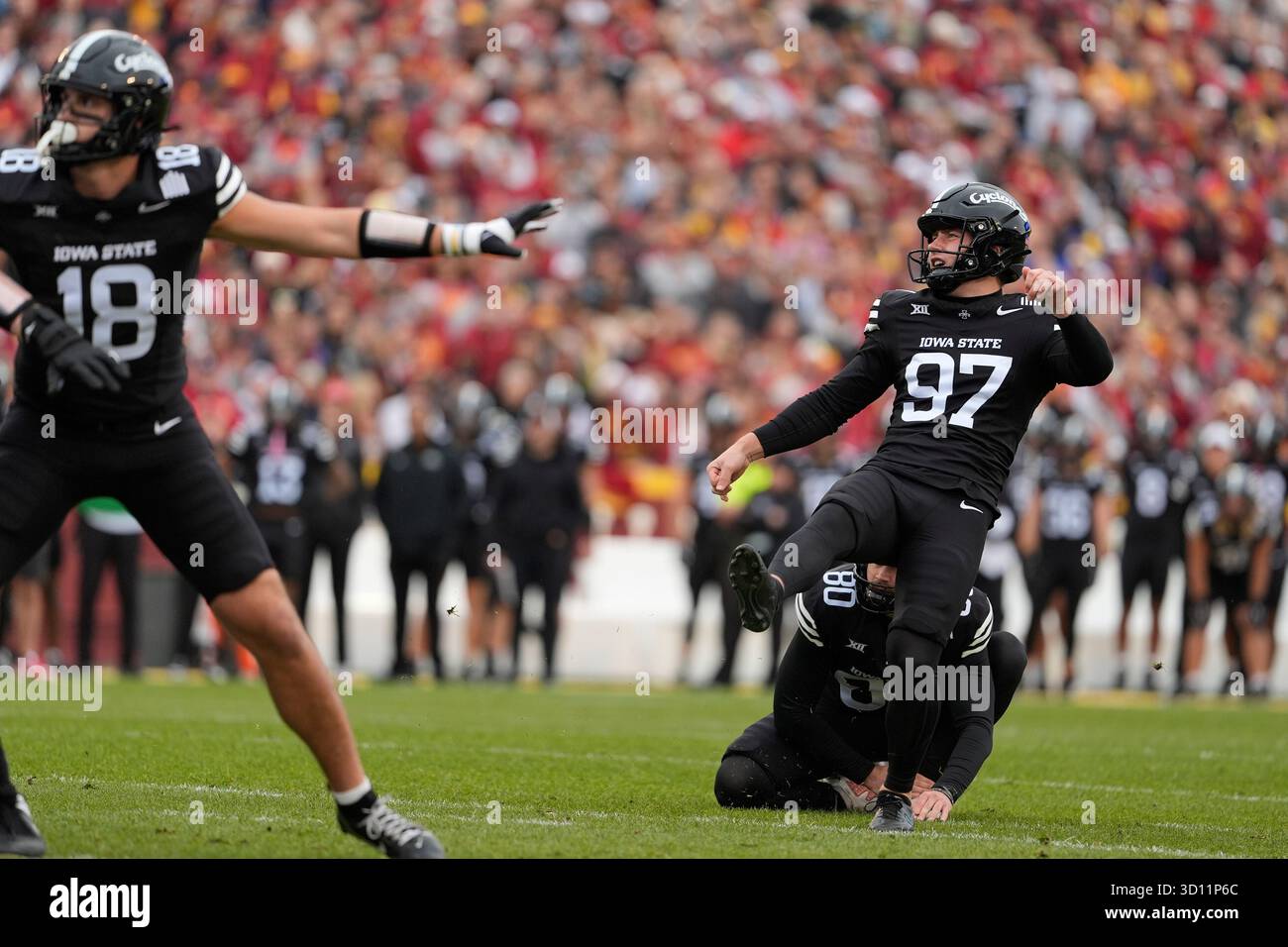 Iowa State kicker Kyle Konrardy (97) watches as his kick is good for ...