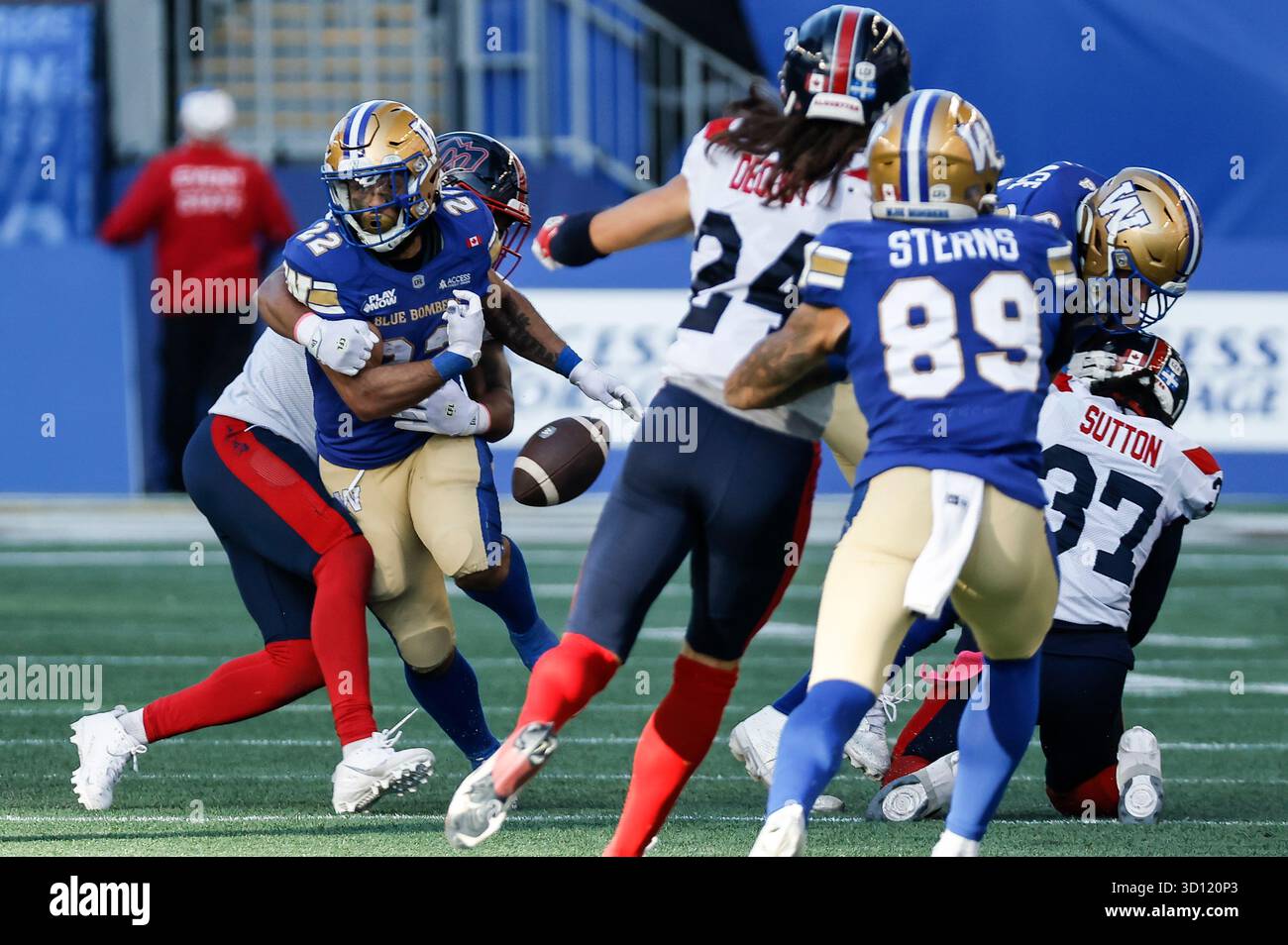 Montreal Alouettes' Geoffrey Cantin-Arku (9) forces the fumble by ...