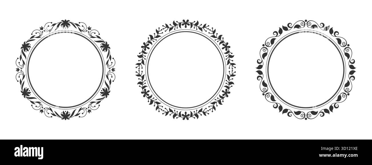 Circular floral frames set. Black ornate retro leaf pattern, thin swirl ...