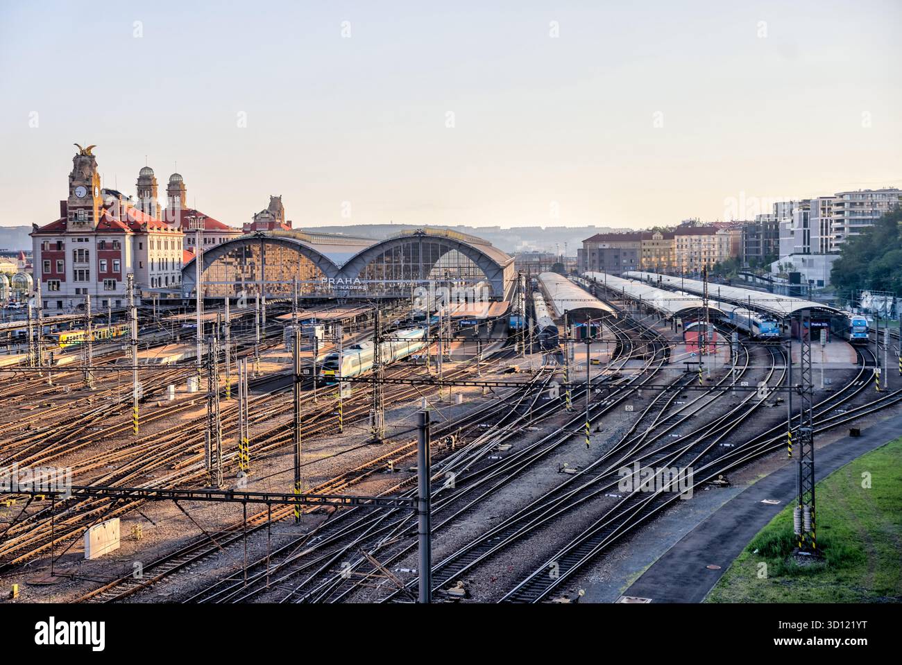 Morning view of Prague Main Railway Station and its rail yard, with ...