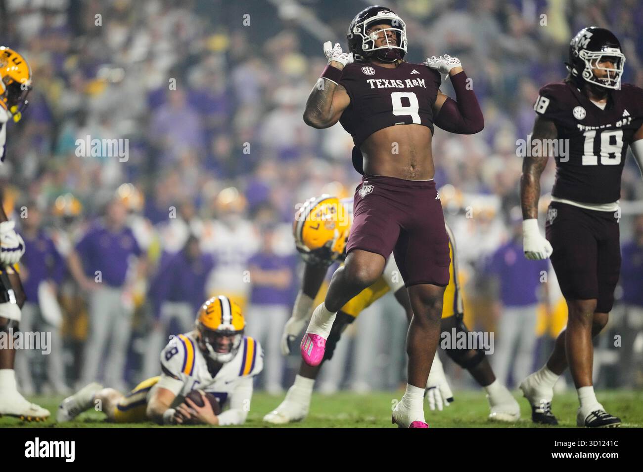 Texas A&M defensive end Cashius Howell (9) celebrates his sack of LSU ...