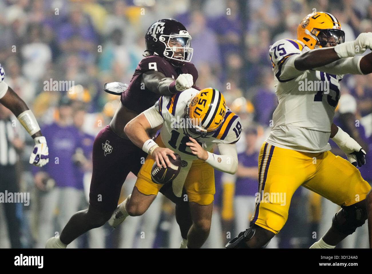 LSU quarterback Garrett Nussmeier (18) is sacked by Texas A&M defensive ...