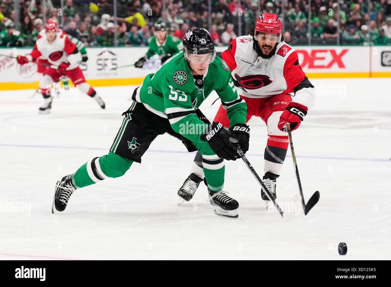 Dallas Stars center Wyatt Johnston (53) and Carolina Hurricanes ...