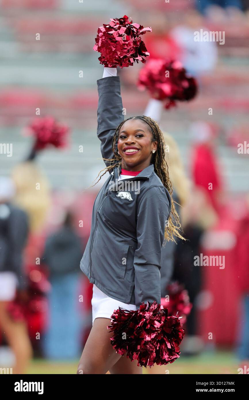 October 25, 2025: A member of the Arkansas dance team performs on the ...