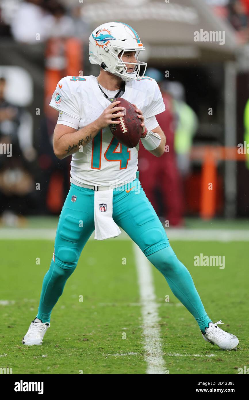 Miami Dolphins quarterback Quinn Ewers (14) looks to throw a pass ...