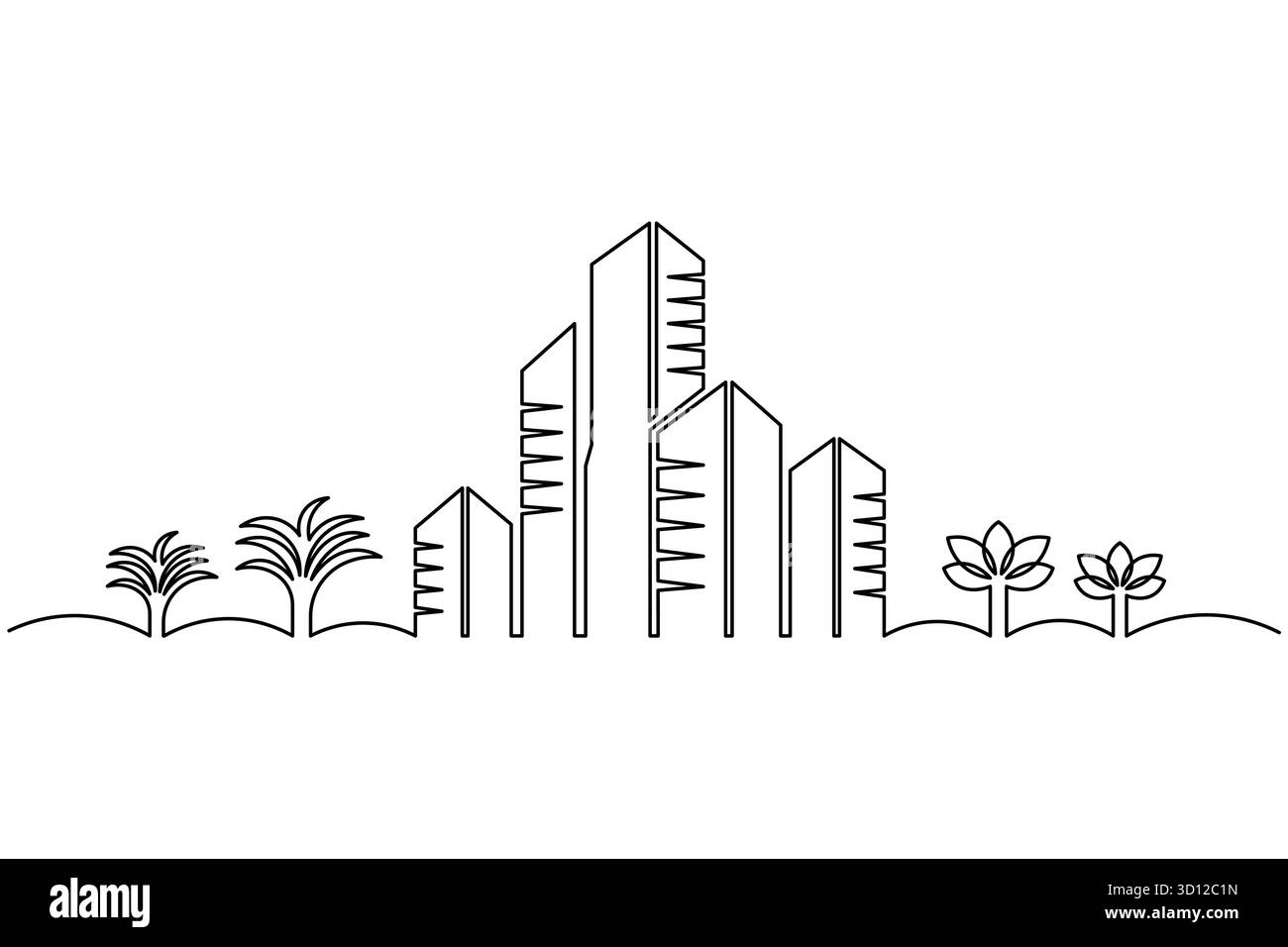 Modern City Skyline Continuous Line Art Vector with Office Buildings ...
