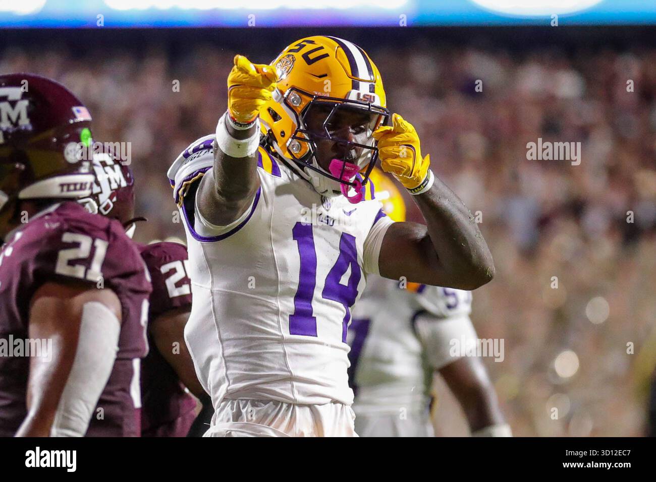 October 25, 2025: LSU's Trey'Dez Green (14) signals a first down after ...