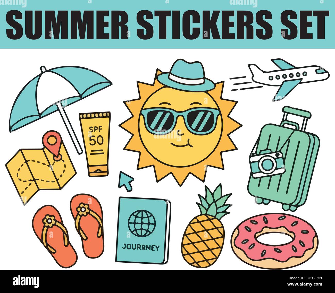 Summer Stickers Set. Tropical Holiday, Beach Vacation with Plane ...