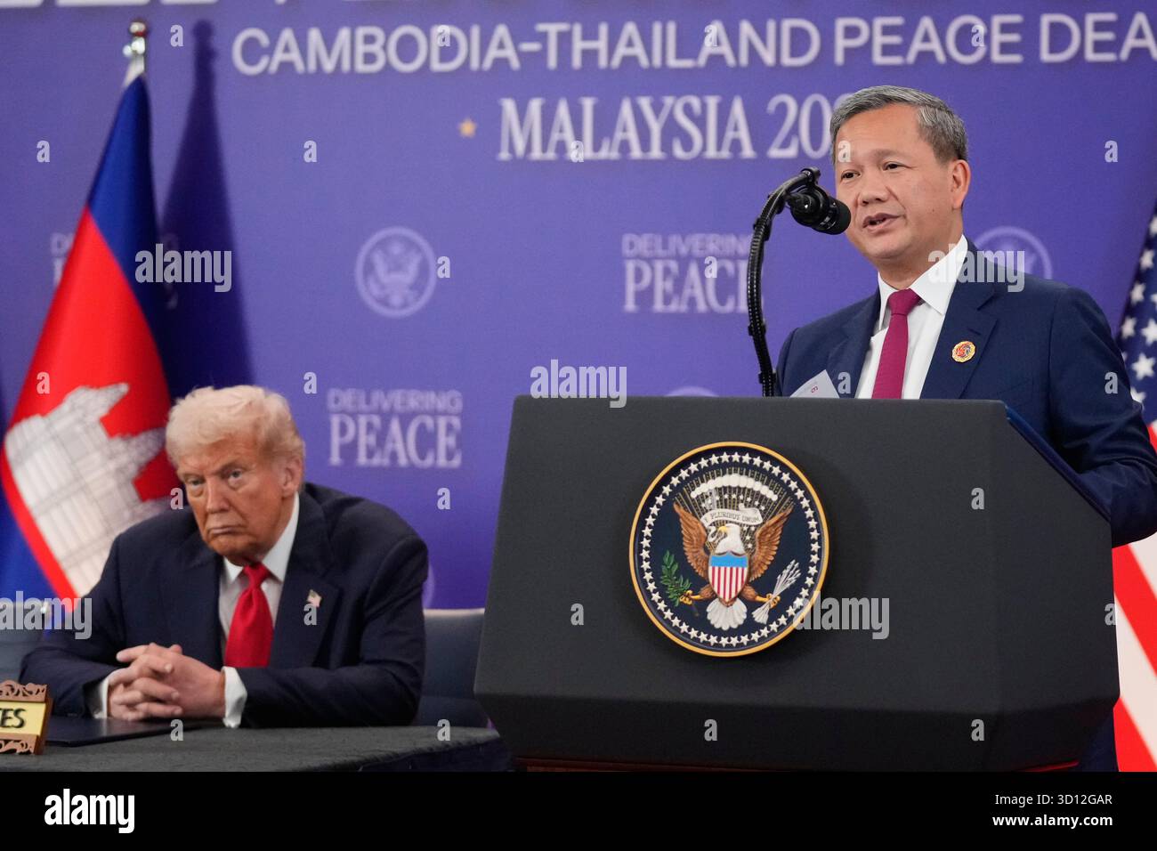 Cambodian Prime Minister Hun Manet speaks as President Donald Trump ...