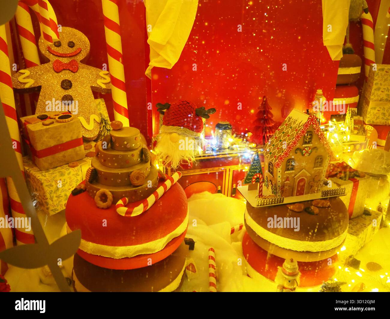 Colorful Christmas market decorations with gingerbread house and ...