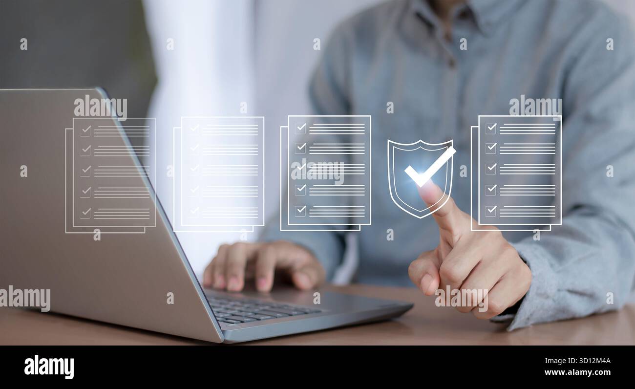 Digital document checklist on laptop screen. Business productivity and ...