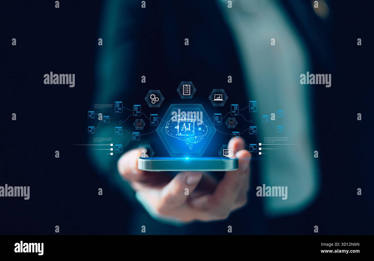 Businesswoman interacts virtual graphic interface, global AI chatbot by ...