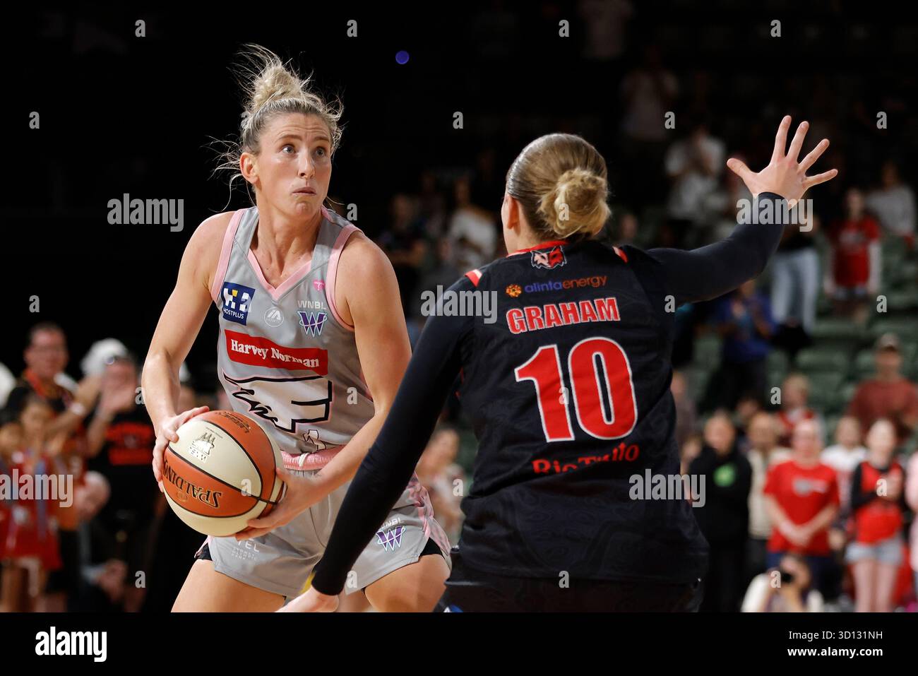 Lauren Nicholson of the Flames under pressure from Tegan Graham of the ...