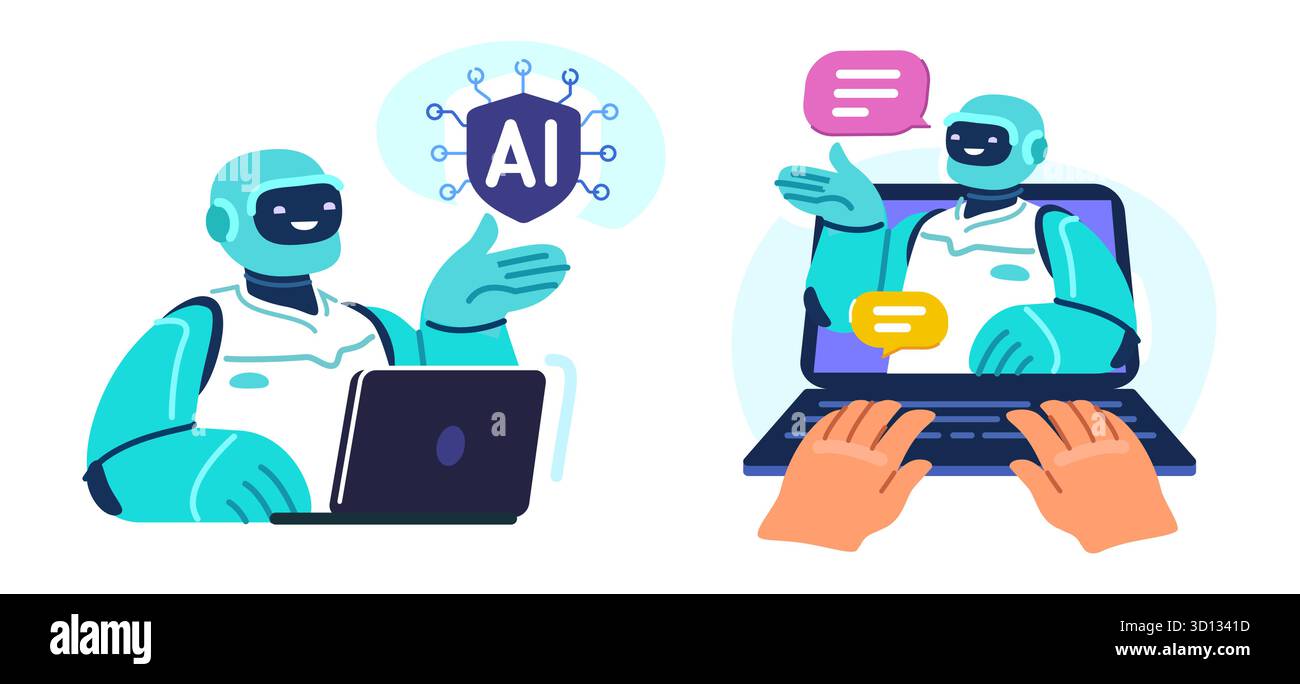 AI assistant. Man using laptop with robot assistant. Artificial ...