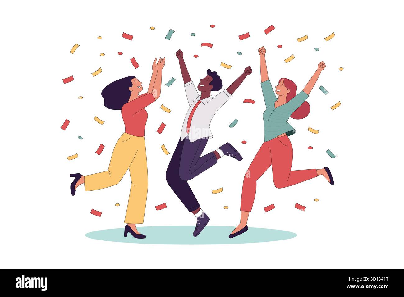 Three people celebrating with confetti falling around them in a joyful ...