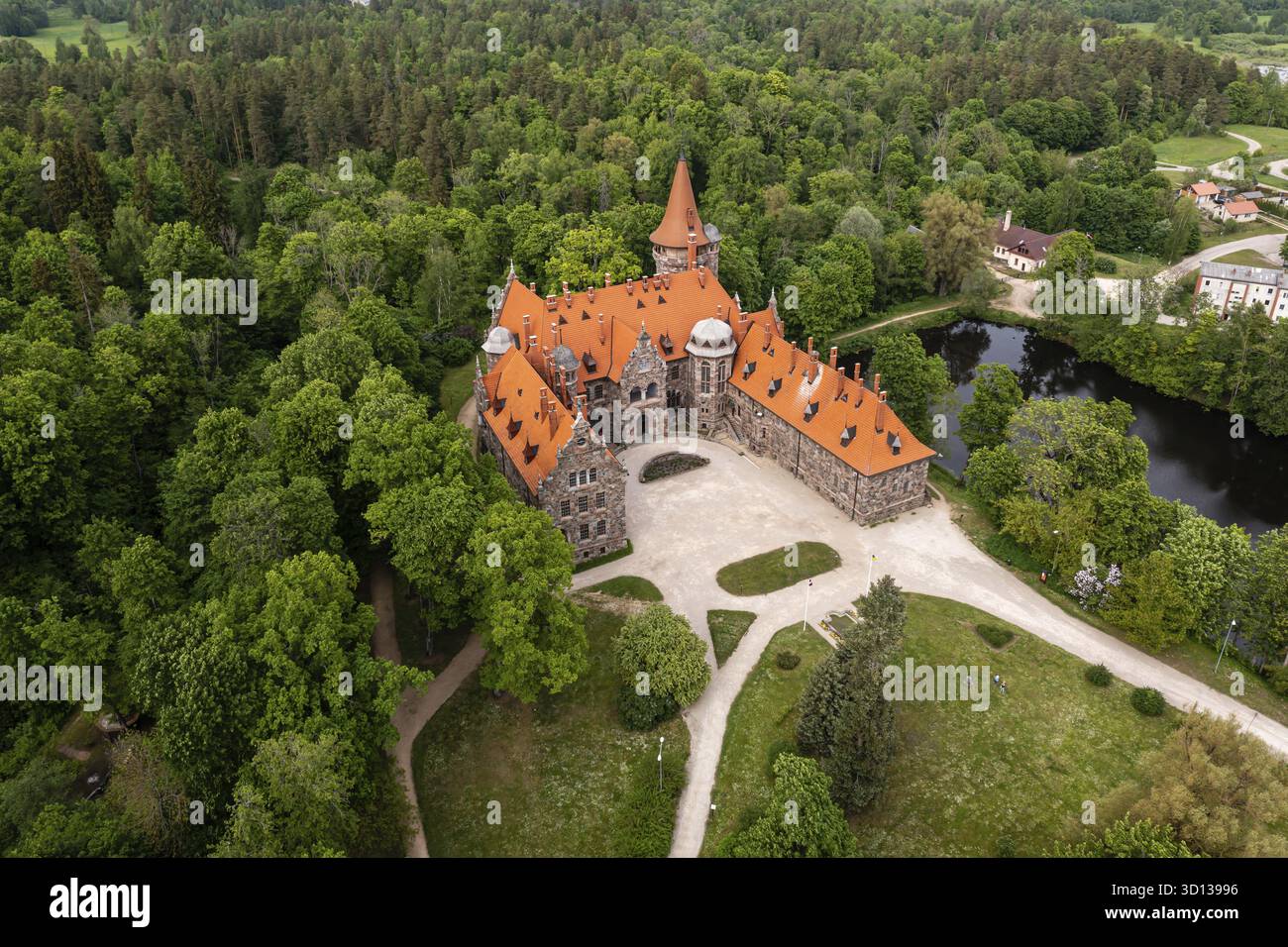 Cesvaine medieval castle in Latvia from above, top view. A manor house ...