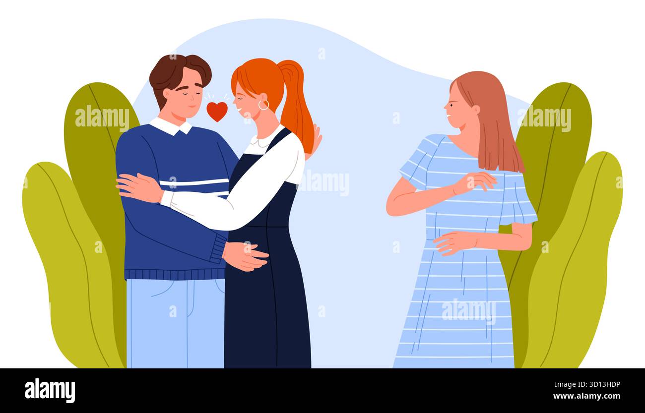 Couple embracing with heart symbol while another woman looks on with ...