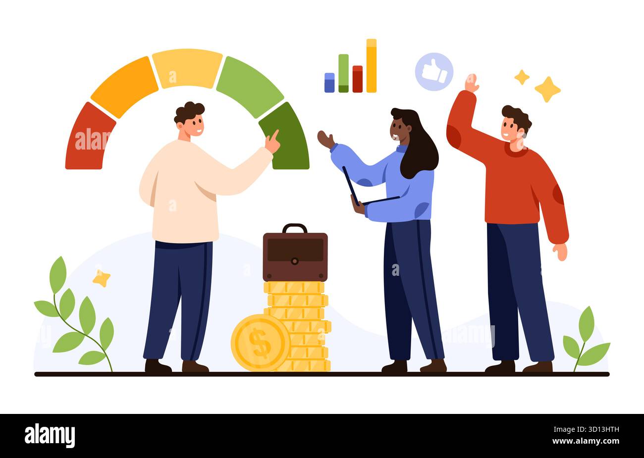 Business team evaluating employee performance with a high rating gauge ...