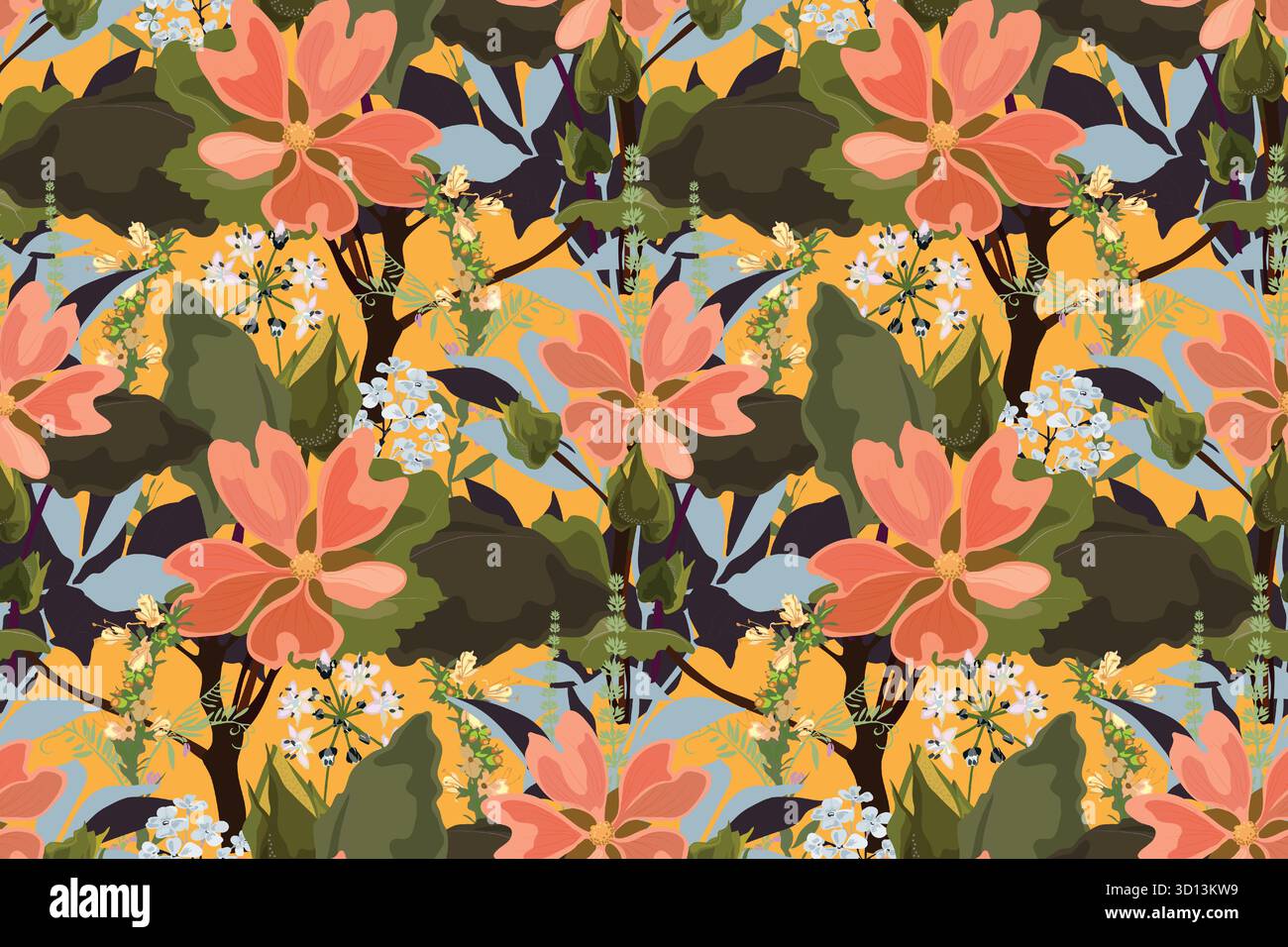 Vector floral seamless pattern with coral color flowers Stock Vector ...