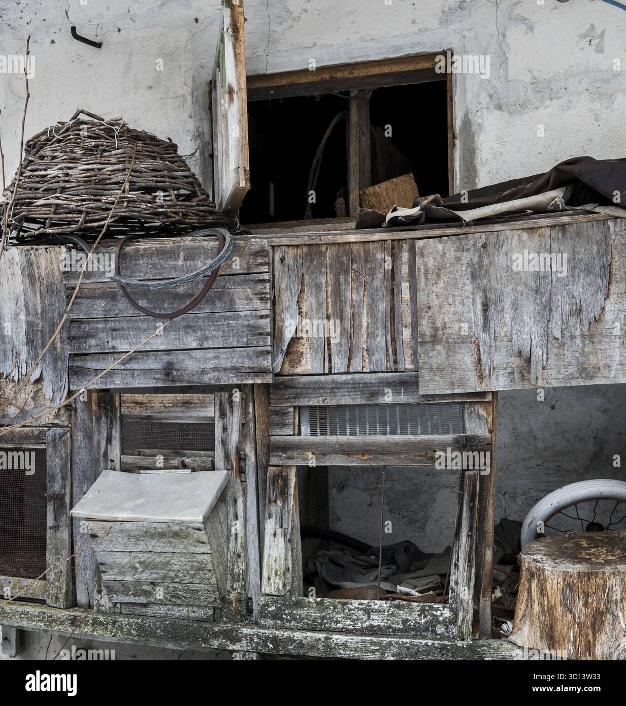 Barn with basket and wooden shelves at a house in the Chernobyl death ...