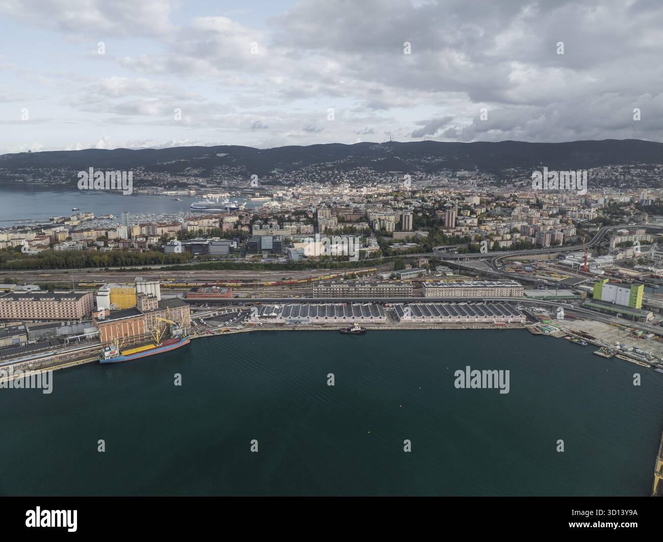 Aerial view of the vibrant port city where the deep blues of the ...