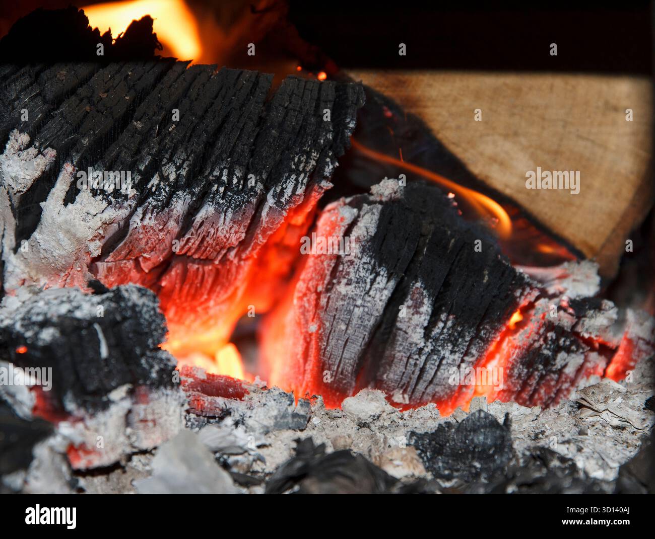 Close-up of glowing embers and ash from a fire. Texture of charred wood ...