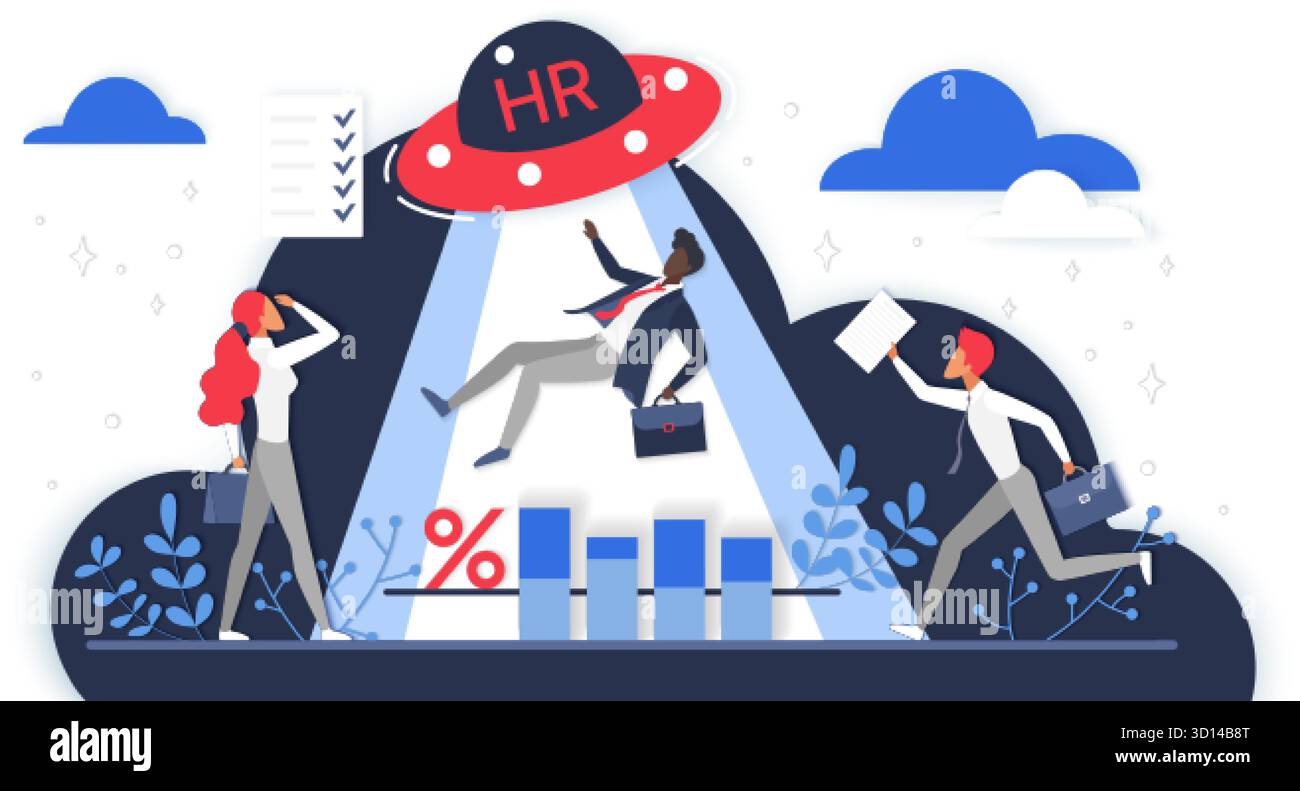 Creative HR cloud recruitment scene with business people, charts, and a ...