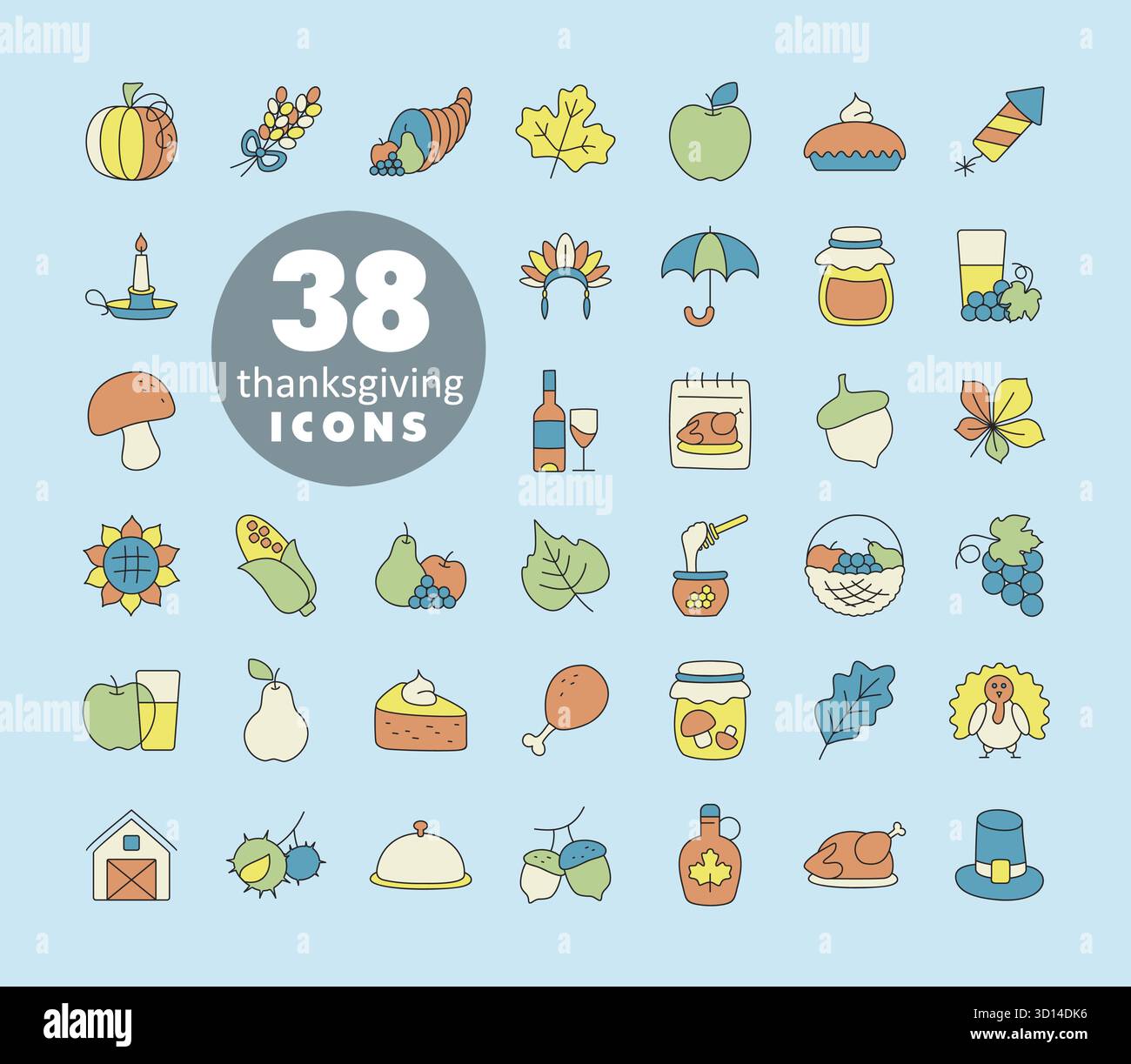 A comprehensive collection of 38 line art icons for Thanksgiving and ...