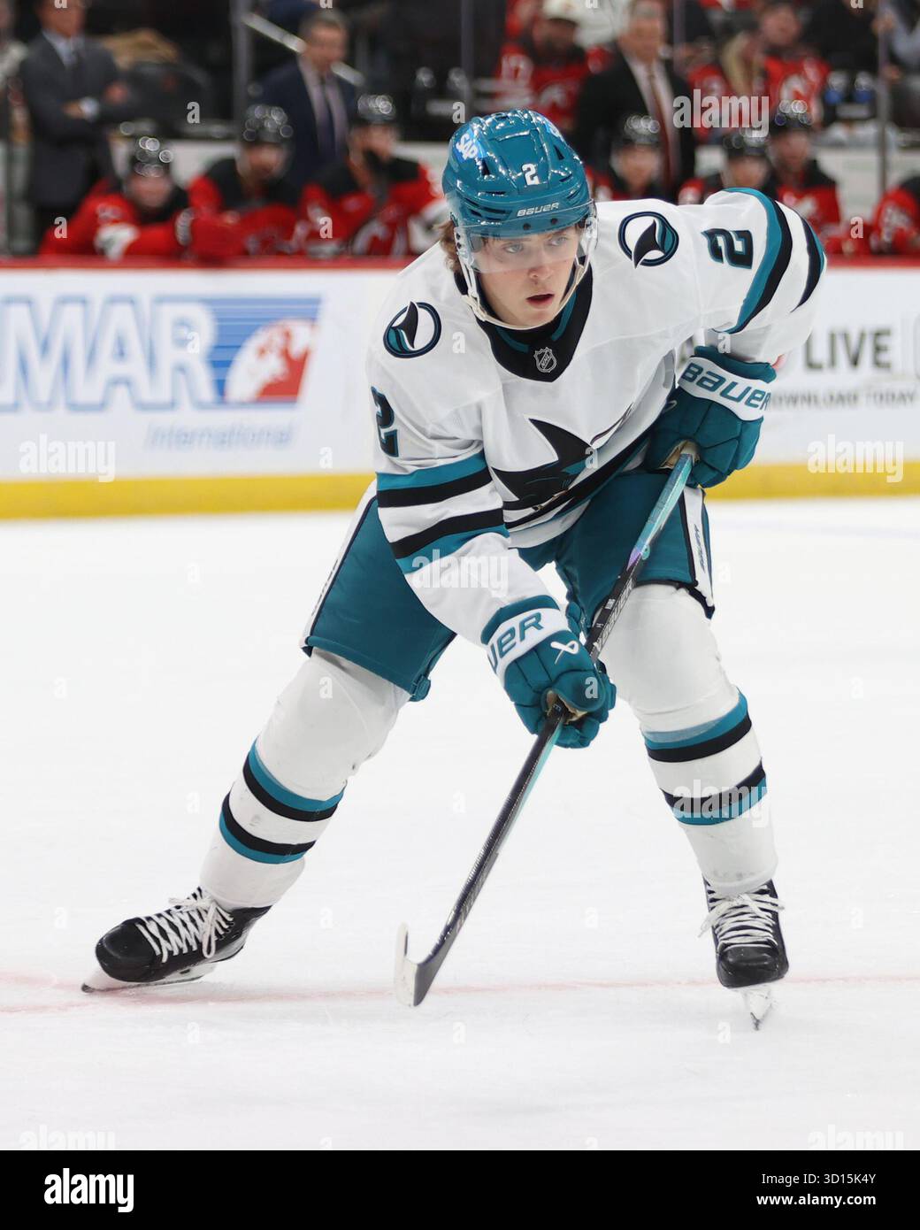 San Jose Sharks' Will Smith stands on the ice during the first period ...