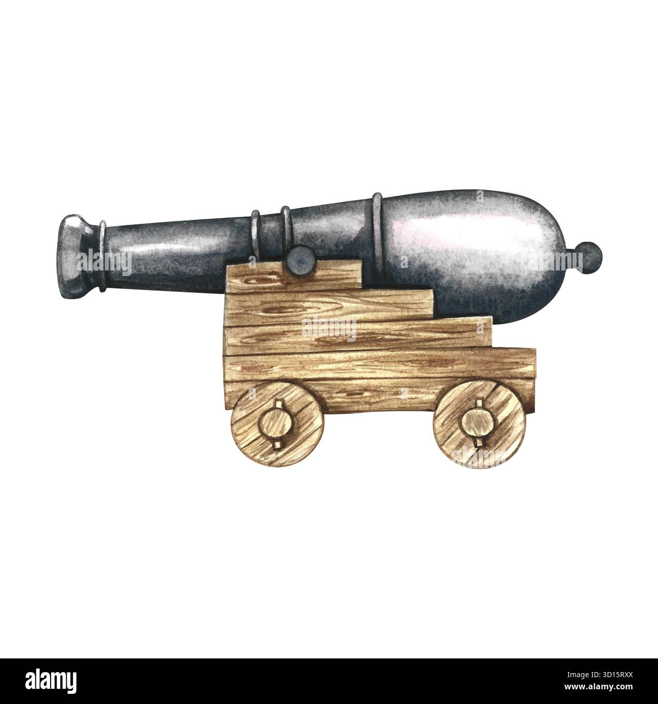 An old pirate ship cannon. Hand-drawn watercolor illustrations. Color ...