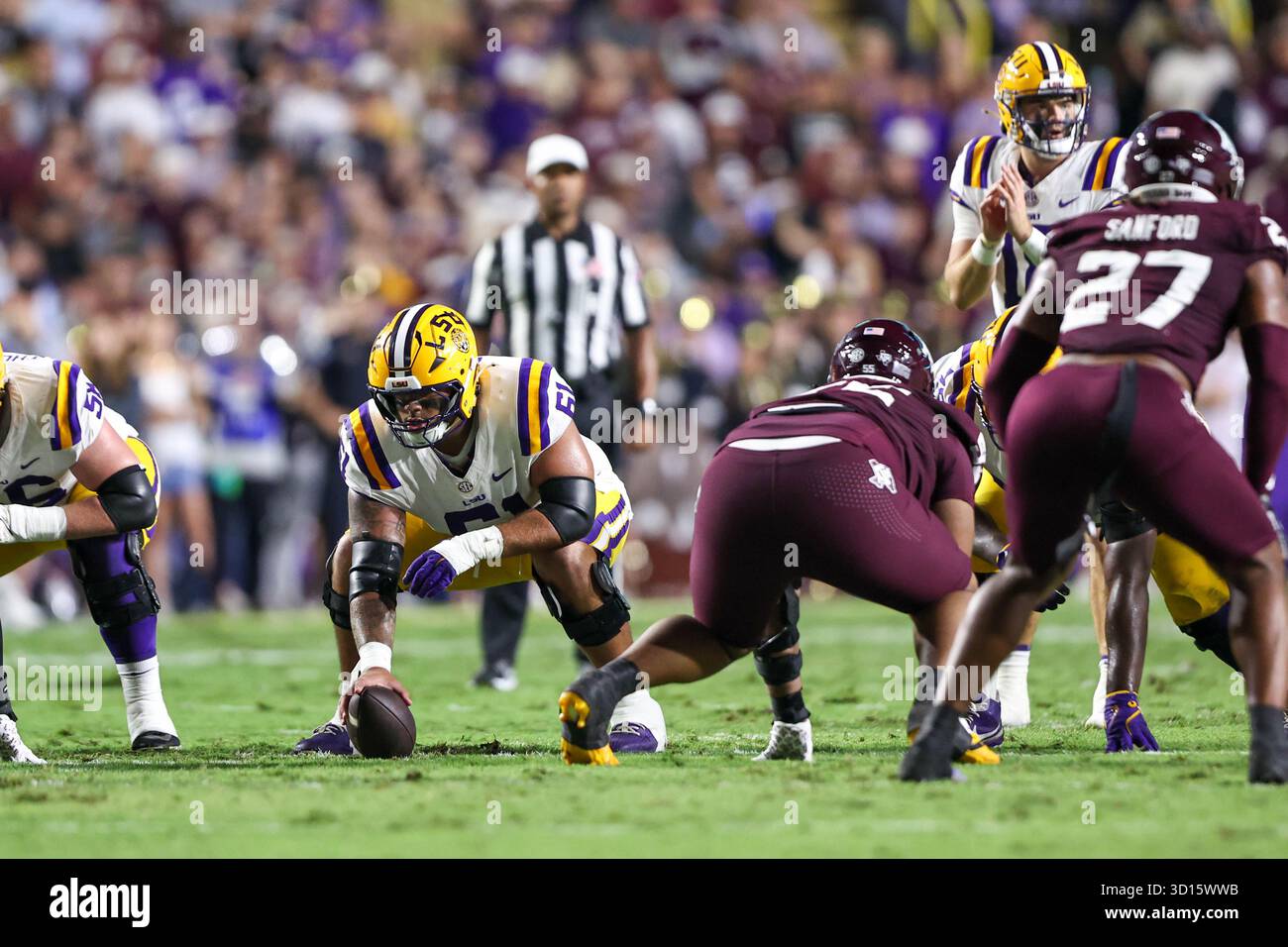 October 25, 2025: LSU center Braelin Moore (61) gets ready for a snap ...