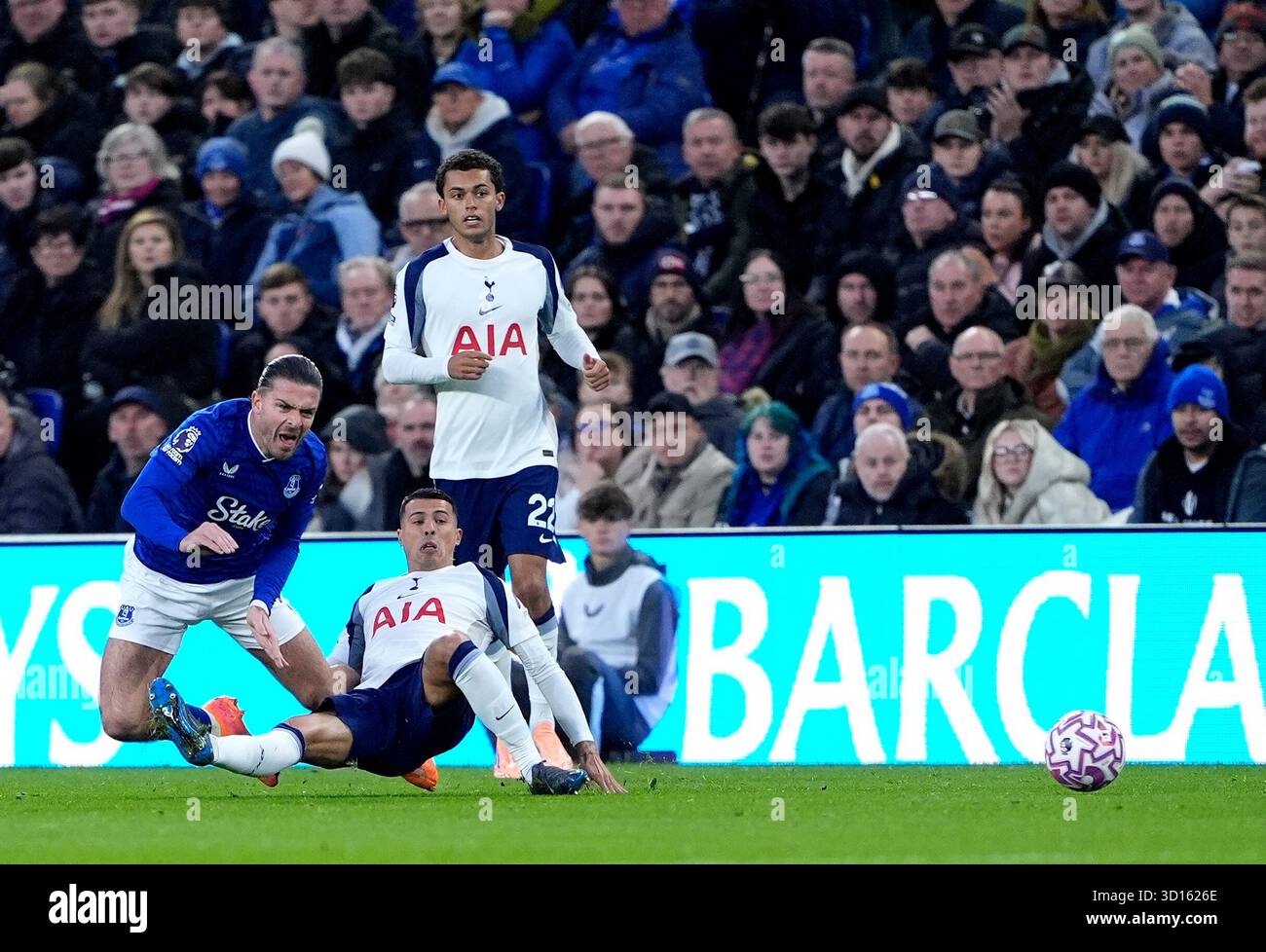 Everton's Jack Grealish and Tottenham Hotspur's Pedro Porro battle for ...