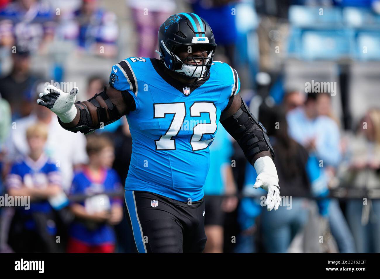 Carolina Panthers offensive tackle Taylor Moton (72) before an NFL football game between the ...