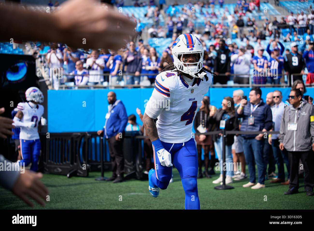 Buffalo Bills running back James Cook III (4) before an NFL football game between the Carolina ...