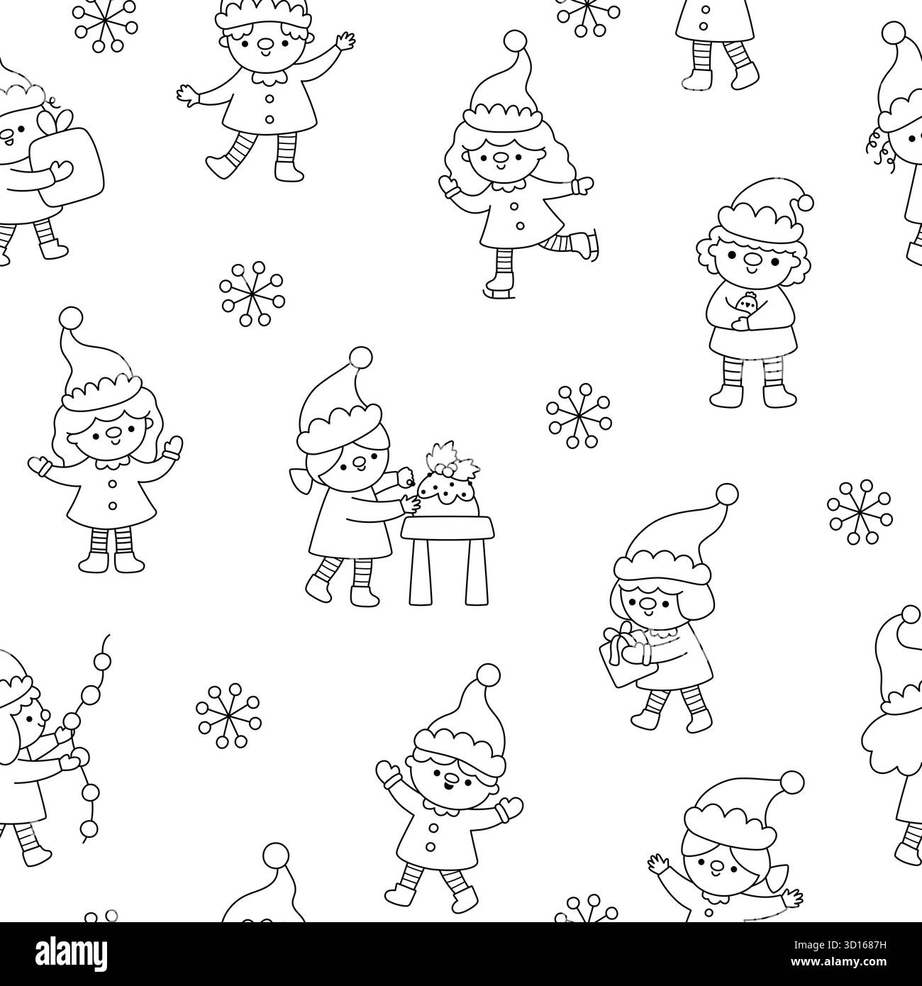 Vector black and white Christmas seamless pattern. New Year line repeat ...