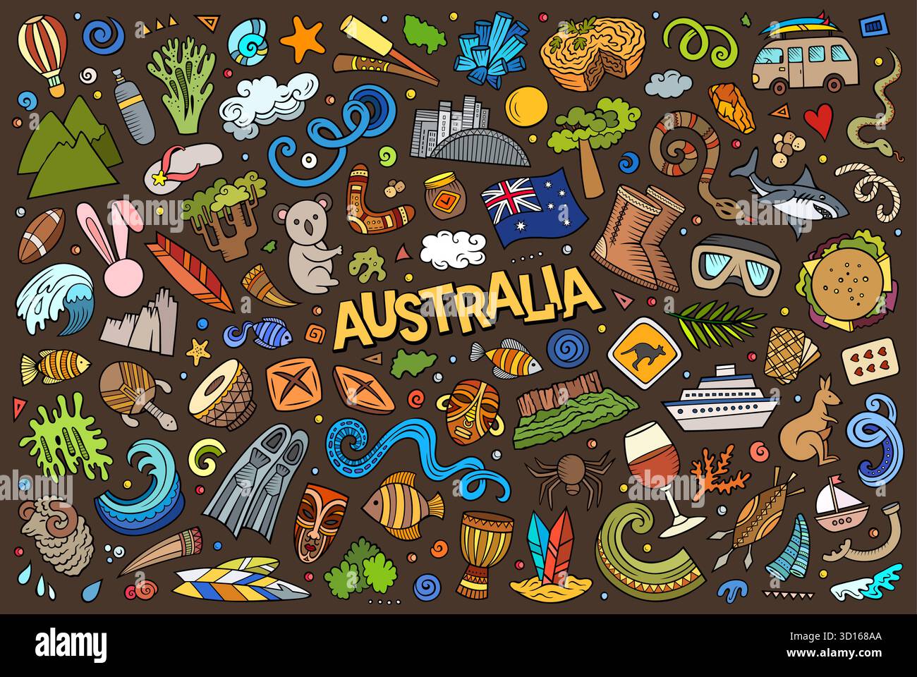Cartoon vector doodle set of Australia traditional symbols, items and ...