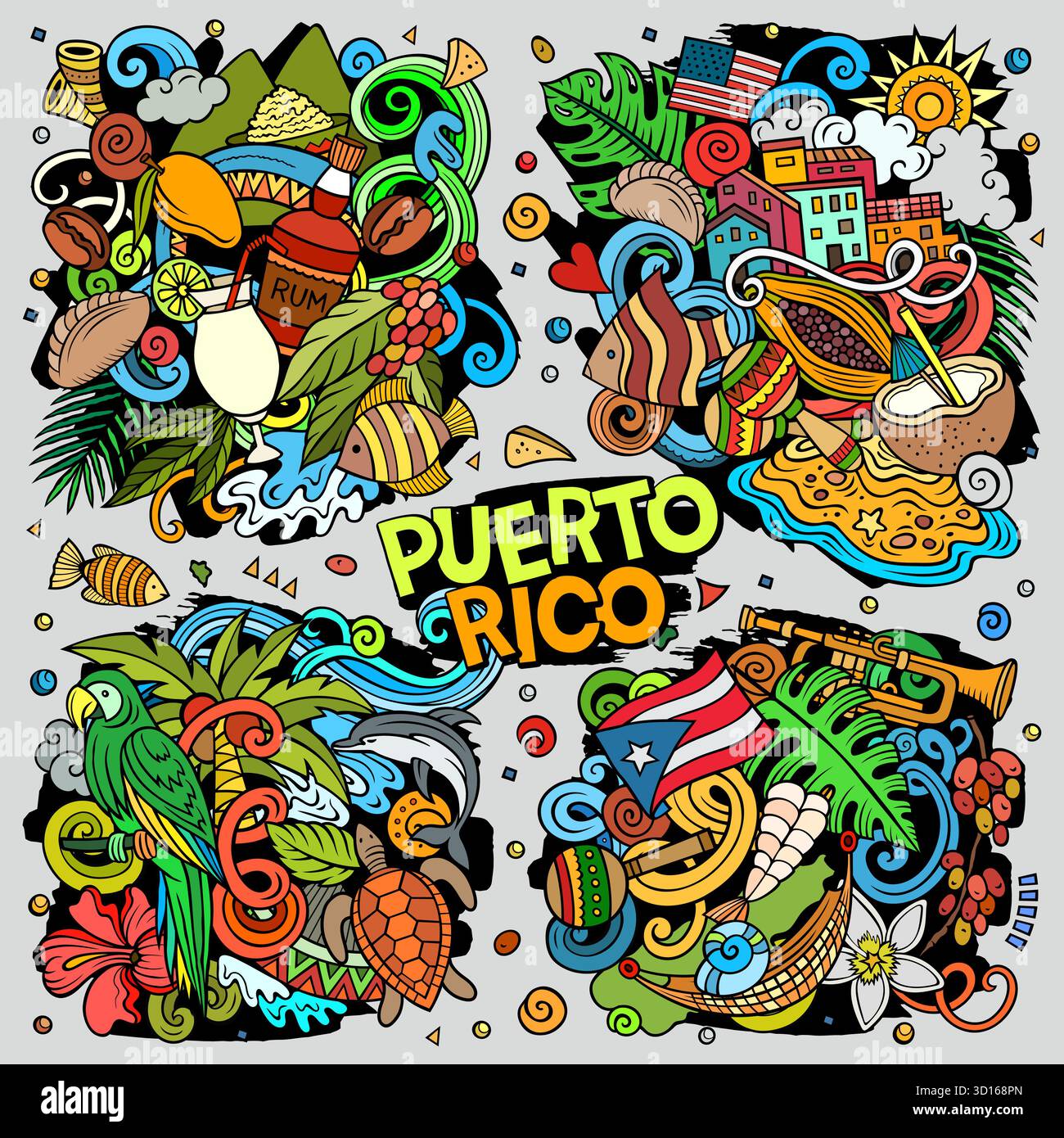 Puerto Rico cartoon vector doodle designs set. Colorful detailed ...