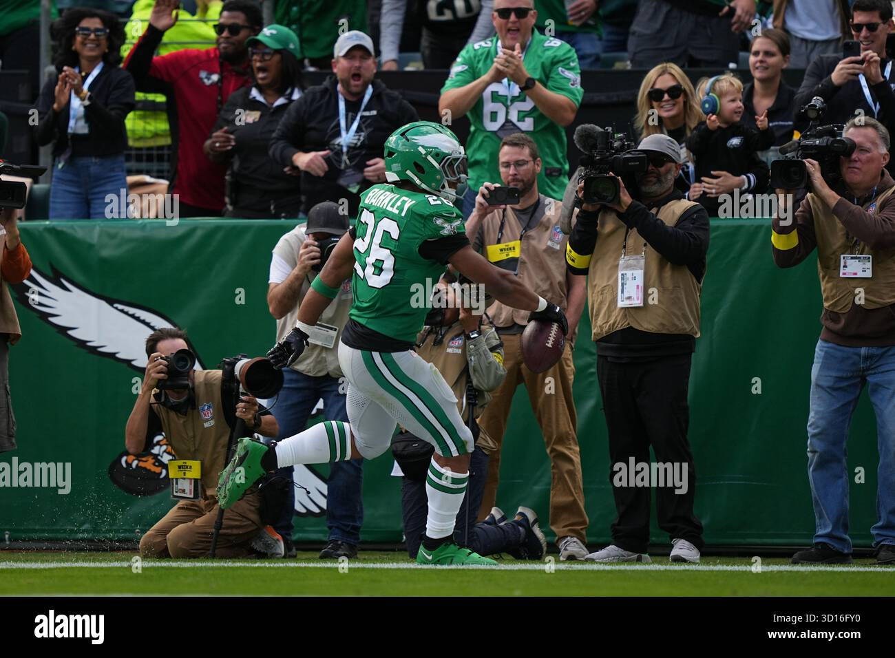 Philadelphia Eagles running back Saquon Barkley (26) scores a touchdown during the first half of ...