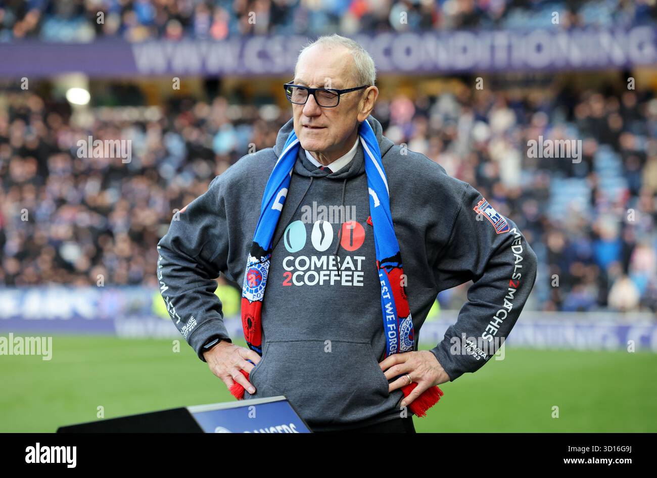 Former Rangers captain Terry Butcher on the pitch at half time as he ...