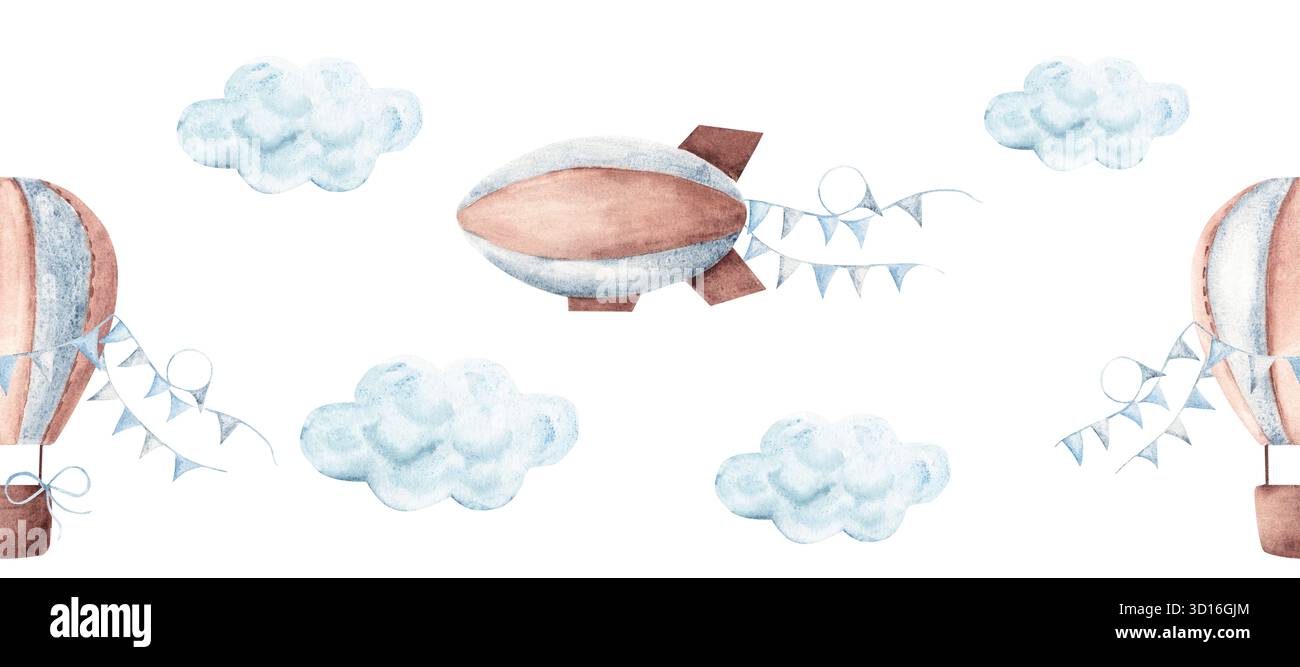 Watercolor blimp and air balloon border with clouds and pennants. Hand ...