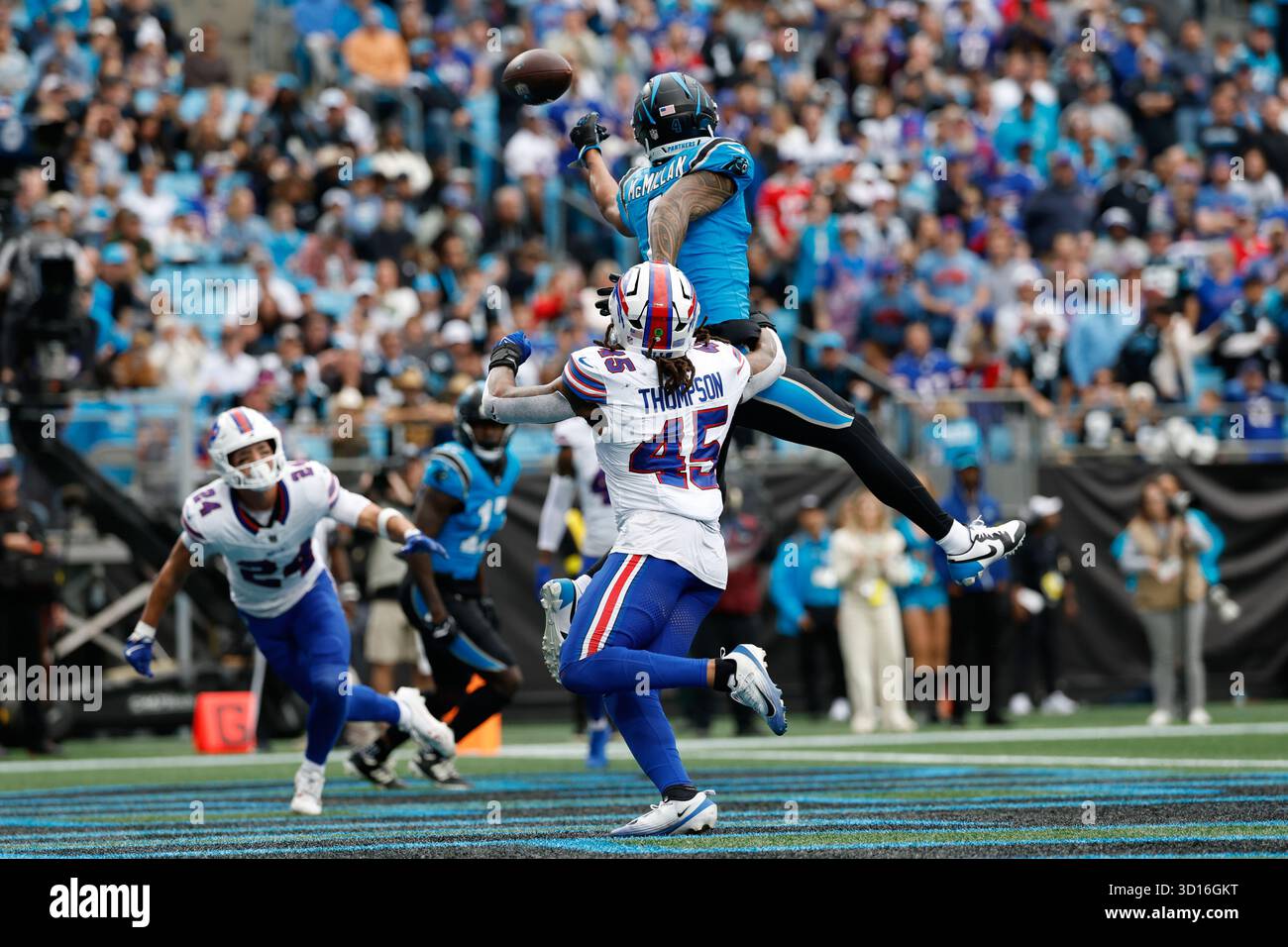 Carolina Panthers wide receiver Tetairoa McMillan (4) misses a catch attempt against Buffalo ...
