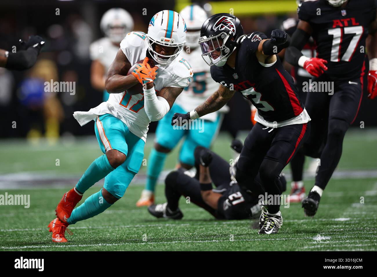 Miami Dolphins wide receiver Jaylen Waddle (17) runs during the first ...