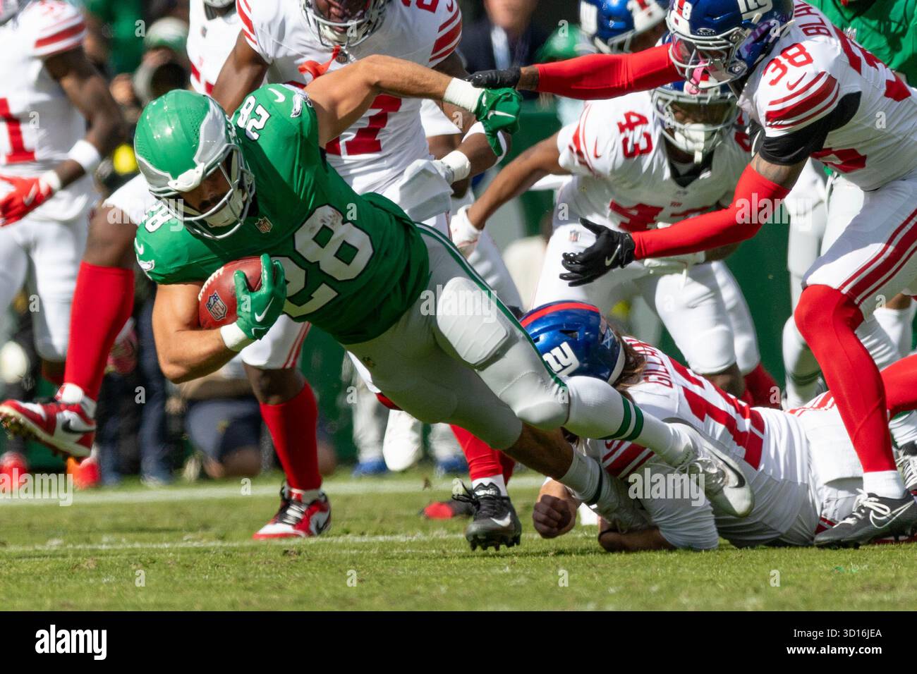 Philadelphia Eagles running back Will Shipley (28) is tackled by New ...