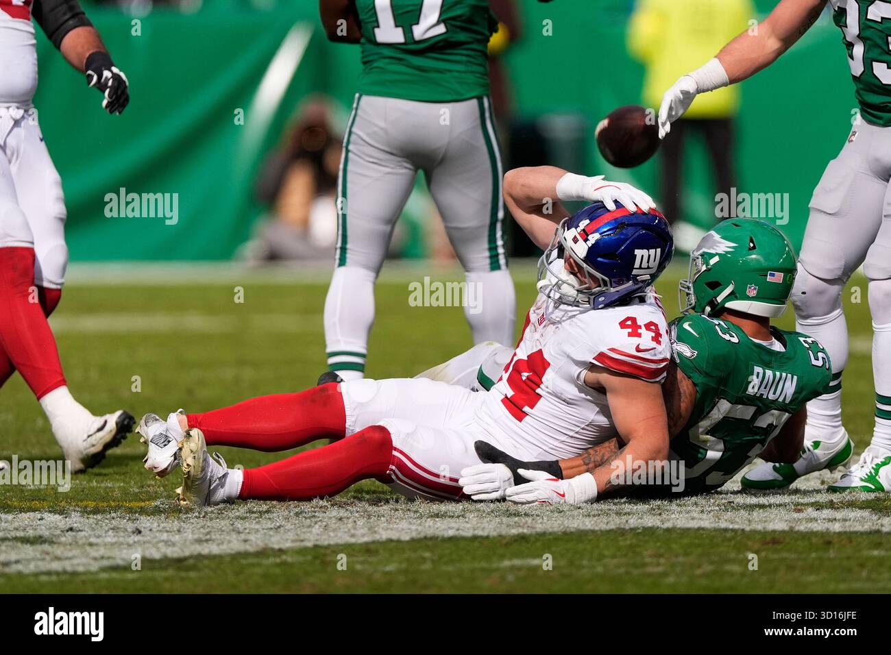 New York Giants running back Cam Skattebo (44) reacts after an injury ...