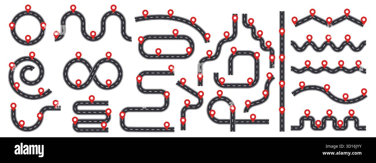 Road path with red pin pointers. Business journey map infographic, wavy ...