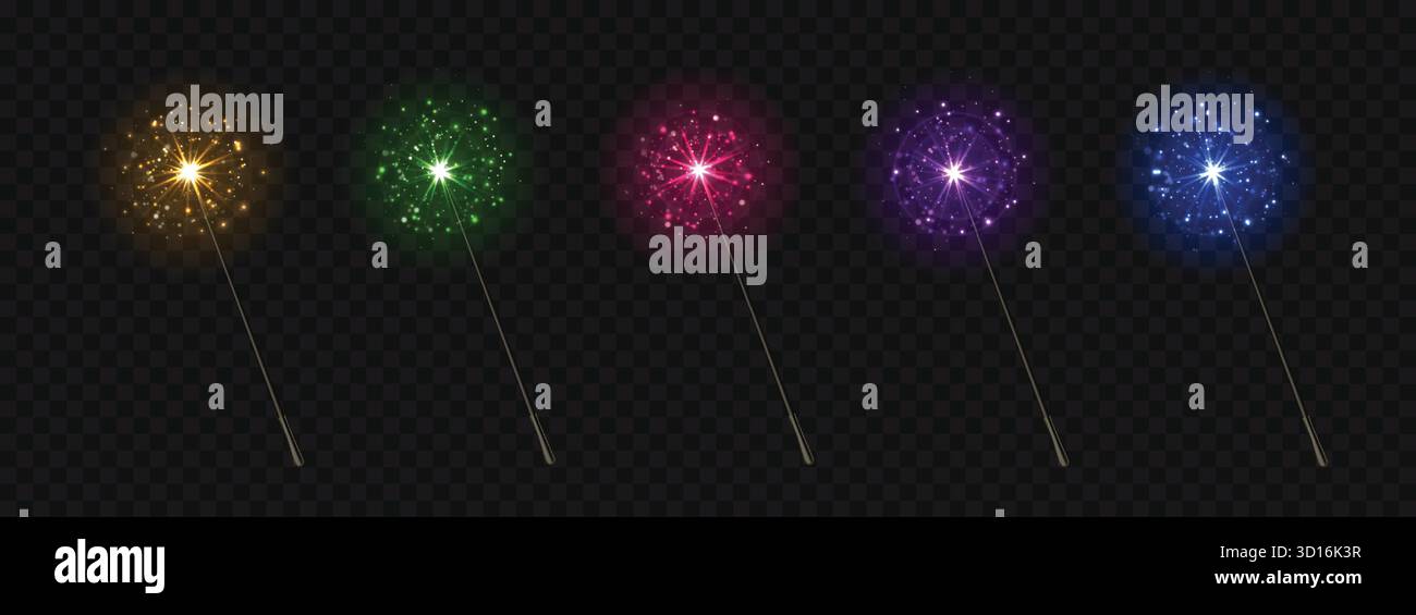 Magic wands. Magician wizard spell staff with glittering glow, fantasy ...